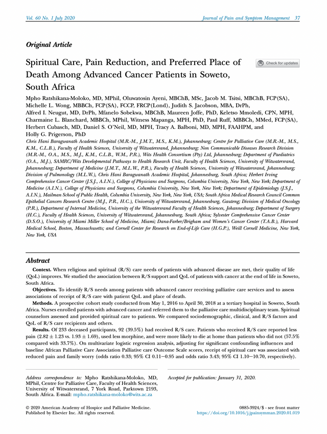 Spiritual Care, Pain Reduction, and Preferred Place of Death Among Adv ...
