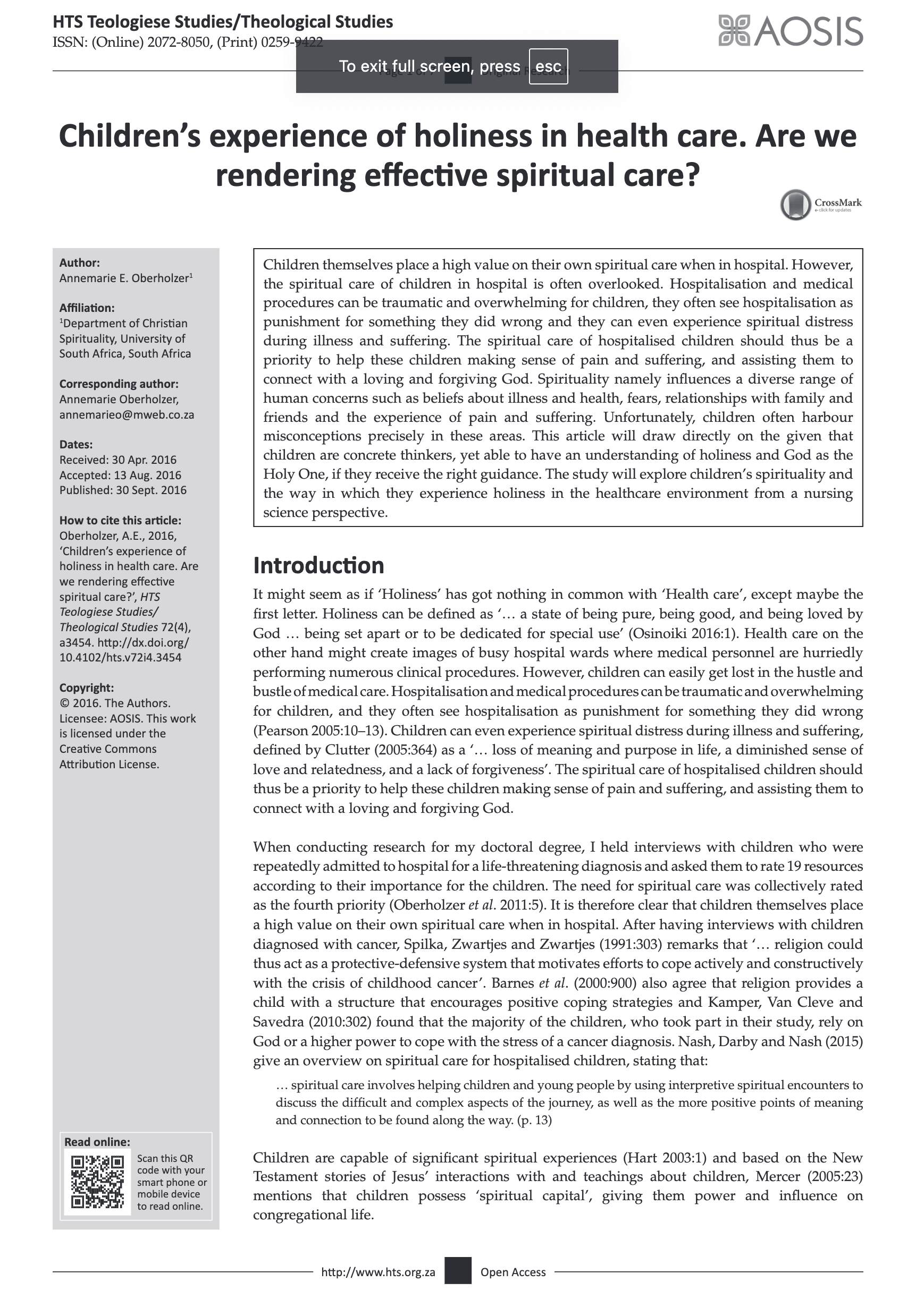 Children’s experience of holiness in health care. Are we rendering eff ...