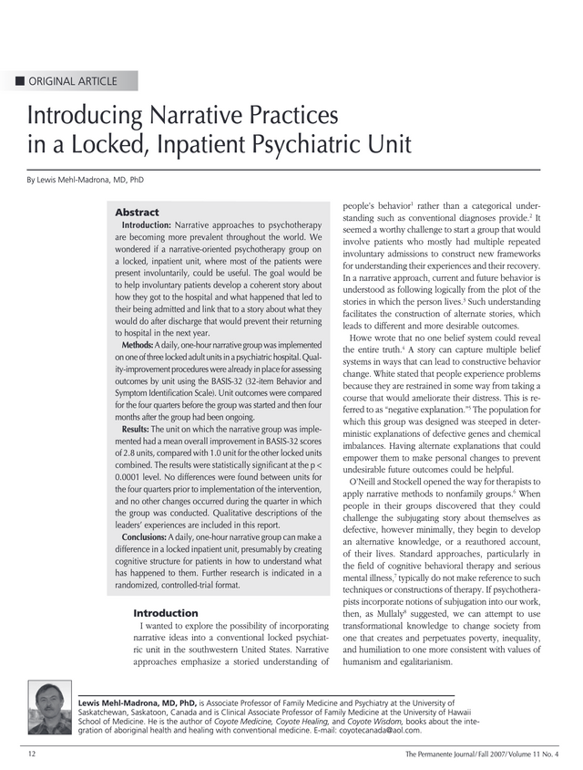 Introducing Narrative Practices in a Locked, Inpatient Psychiatric Uni ...